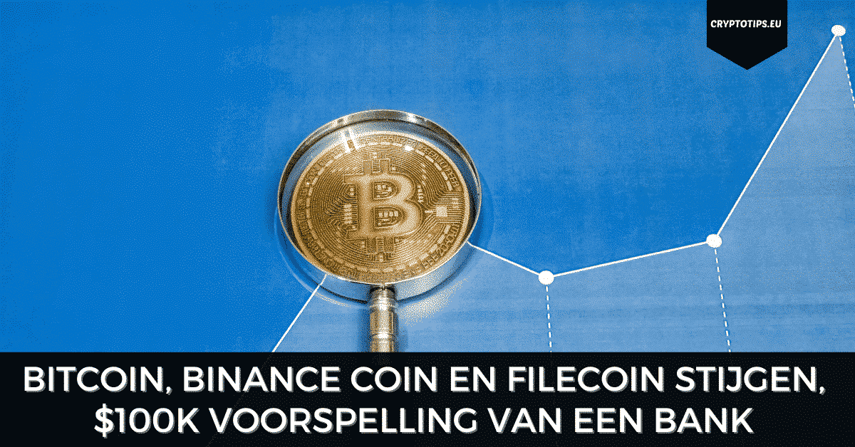 Bitcoin, Binance Coin en Filecoin stijgen, $100k voorspelling van een bank